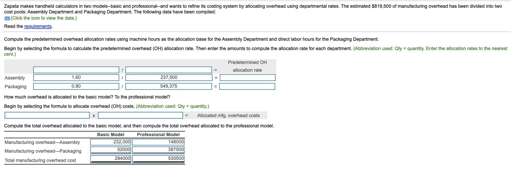 Solved Zapata makes handheld calculators in two | Chegg.com