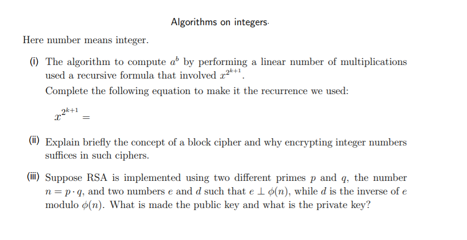 Algorithms on integers. Here number means integer. | Chegg.com