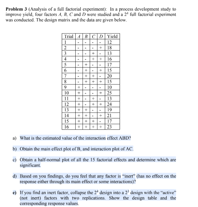 Problem 3 (Analysis of a full factorial experiment): | Chegg.com