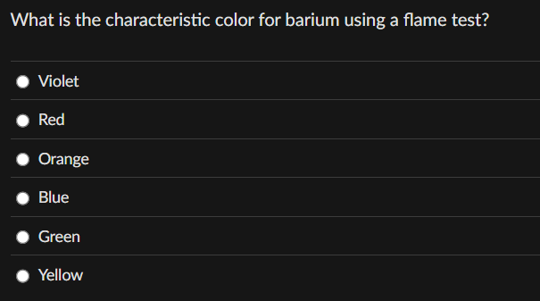 Solved What is the characteristic color for barium using a | Chegg.com