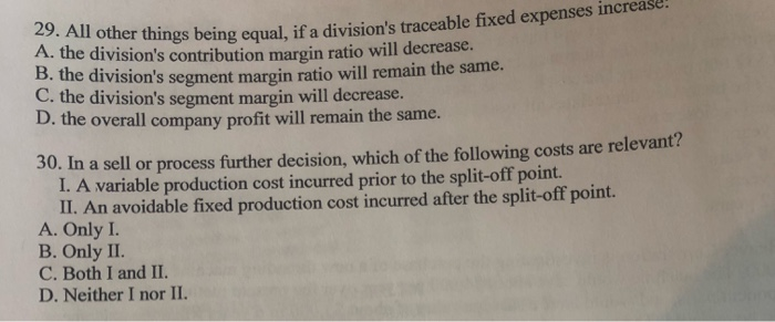 Solved ings being equal, if a division's traceable fixed | Chegg.com