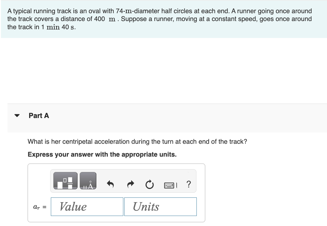 Solved A typical running track is an oval with 74-m-diameter | Chegg.com