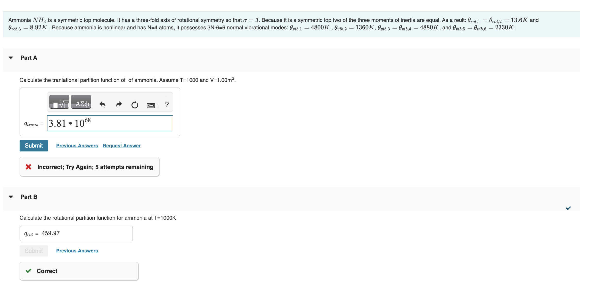 Part A Calculate the tranlational partition function | Chegg.com
