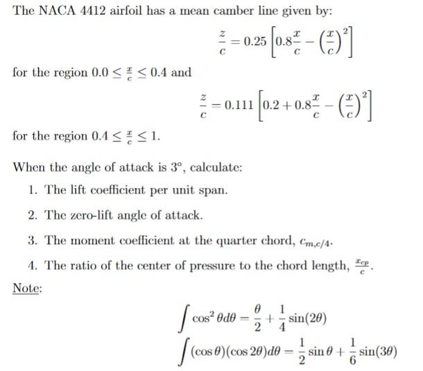 Solved The NACA 4412 airfoil has a mean camber line given | Chegg.com
