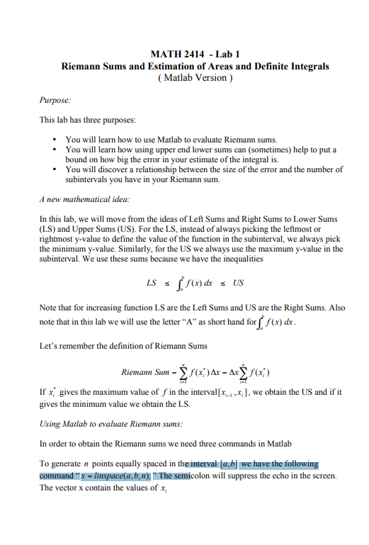 Solved MATH 2414 - Lab 1 Riemann Sums and Estimation of | Chegg.com