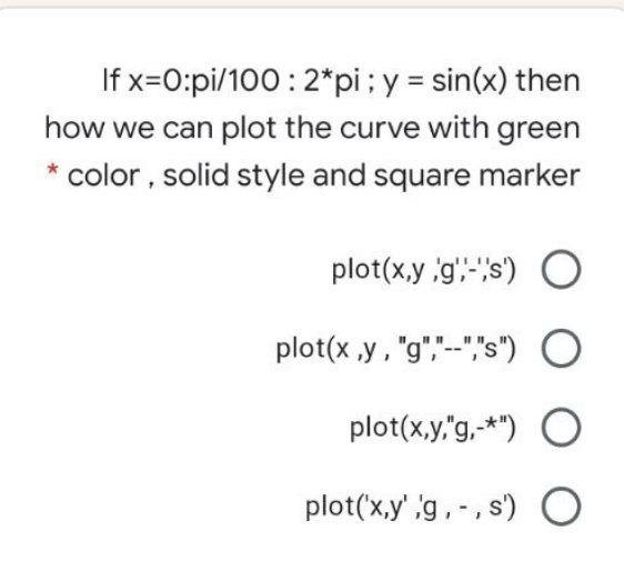 Solved If x=0:pi/100:2*pi : y = sin(x) then how we can plot | Chegg.com