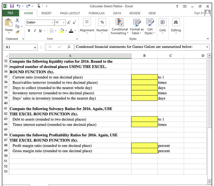 Solved XI 5 X Calculate Select Ratios - Excel FORMULAS DATA | Chegg.com