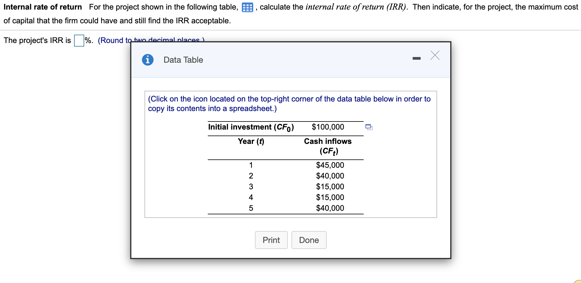 Solved Internal rate of return For the project shown in the | Chegg.com