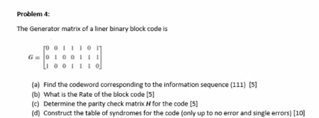 Solved Problem 4: The Generator matrix of a liner binary | Chegg.com