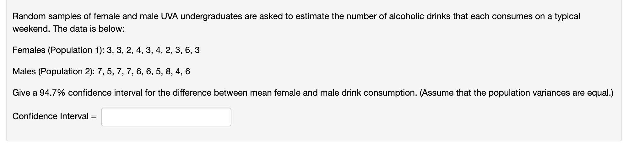 Solved Random samples of female and male UVA undergraduates | Chegg.com