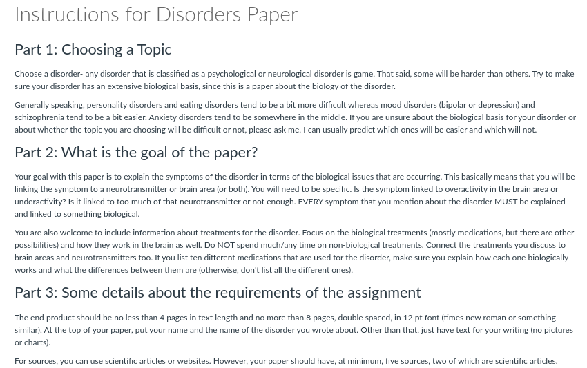 Solved Instructions for Disorders Paper Part 1: Choosing a | Chegg.com