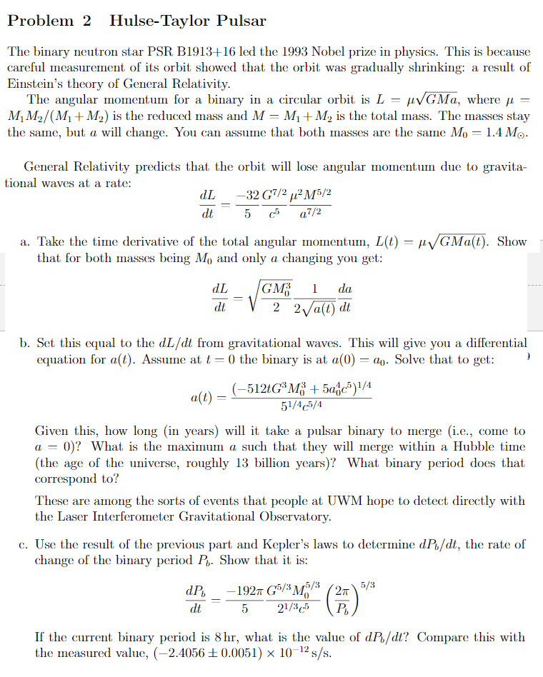 Solved Problem 2 Hulse-Taylor Pulsar The binary neutron star | Chegg.com
