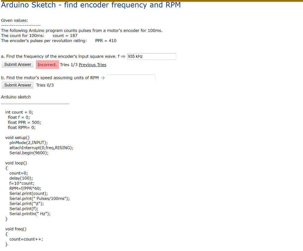 Solved Arduino Sketch - find encoder frequency and RPM Given | Chegg.com