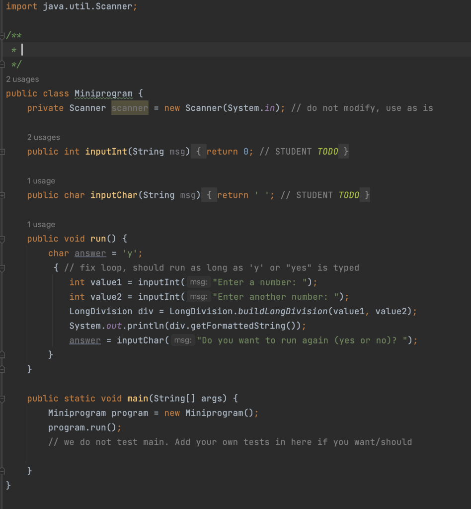 Solved - Miniprogram.java - public int inputInt(String msg): | Chegg.com