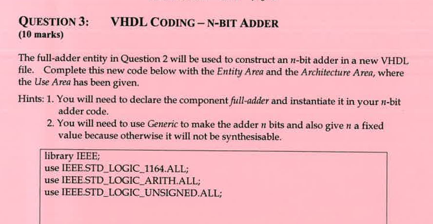 QUESTION 3: (10 marks) VHDL CODING - N-BIT ADDER The | Chegg.com