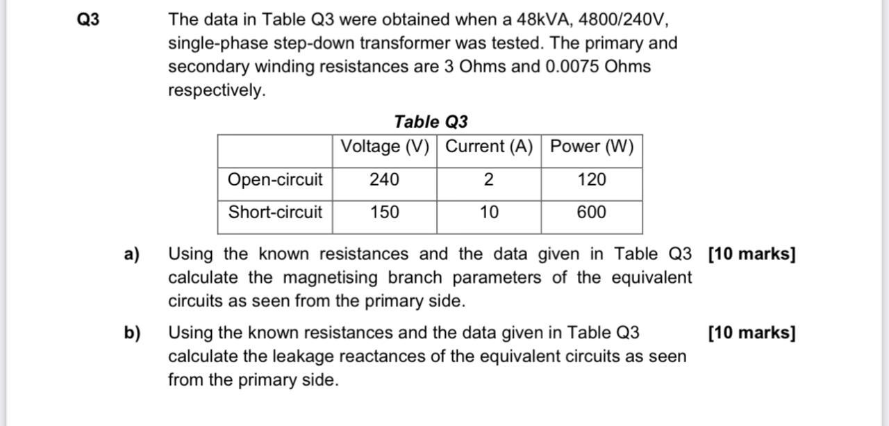 Solved Q3 The data in Table Q3 were obtained when a 48kVA, | Chegg.com