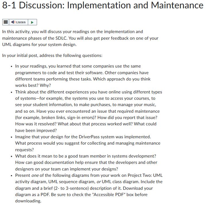Solved 8-1 Discussion: Implementation and Maintenance In | Chegg.com