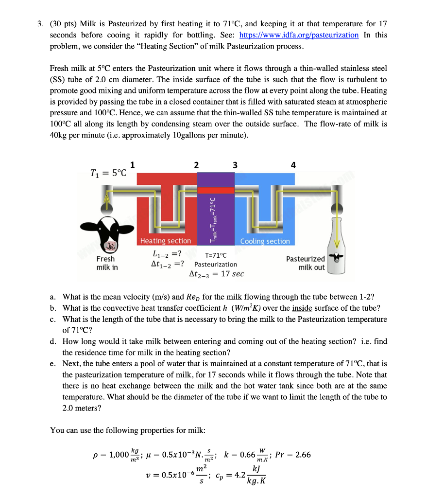 Solved 3. (30 pts) Milk is Pasteurized by first heating it | Chegg.com