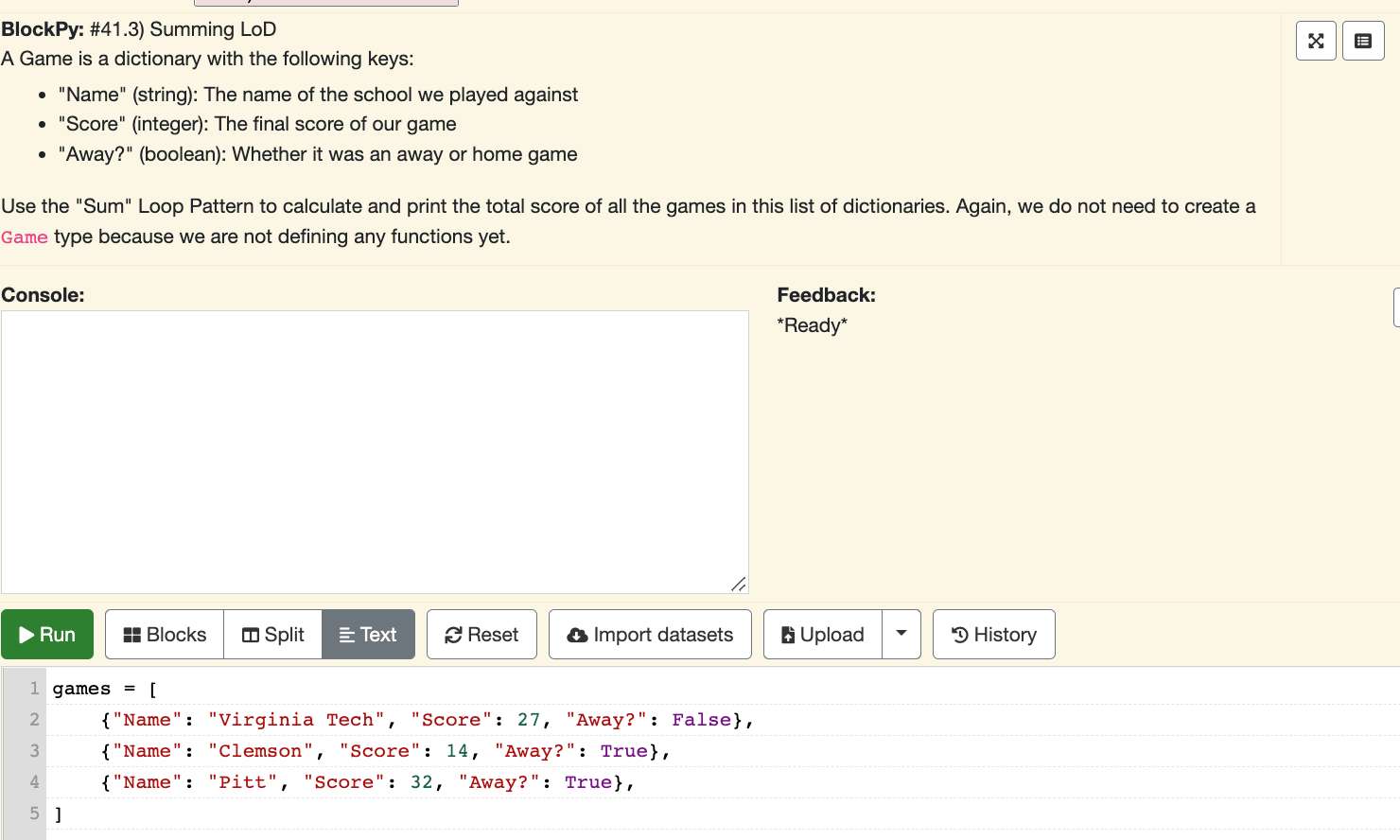 Solved BlockPy: #41.3) Summing LoD A Game is a dictionary | Chegg.com