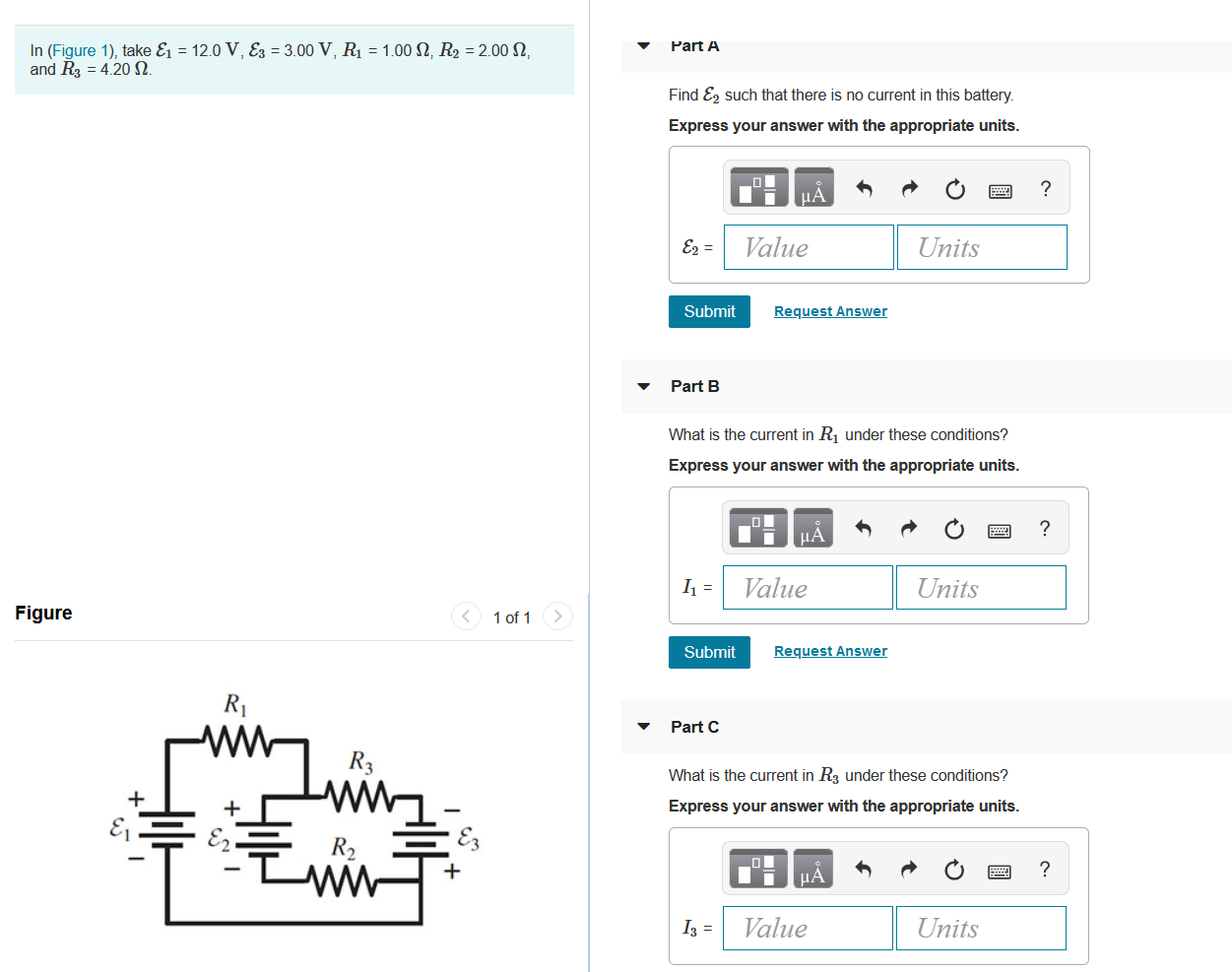 Solved Part A In (Figure 1), take E1 = 12.0 V, E3 = 3.00 V, | Chegg.com