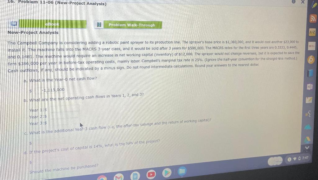 Solved 16. Problem 11-06 (New-Project Analysis) U eBook | Chegg.com