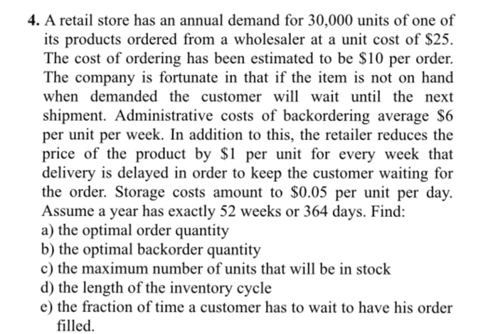 Solved A retail store has an annual demand for 30,000 units | Chegg.com