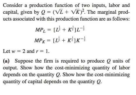 Solved Consider a production function of two inputs, labor | Chegg.com