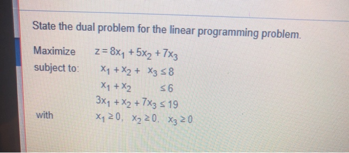 Solved State the dual problem for the linear programming | Chegg.com
