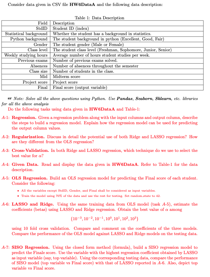 Consider data given in CSV file HW6DataA and the | Chegg.com