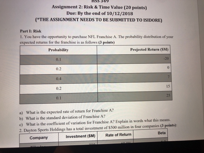 Solved HSS 349 Assignment 2: Risk & Time Value (20 points) | Chegg.com