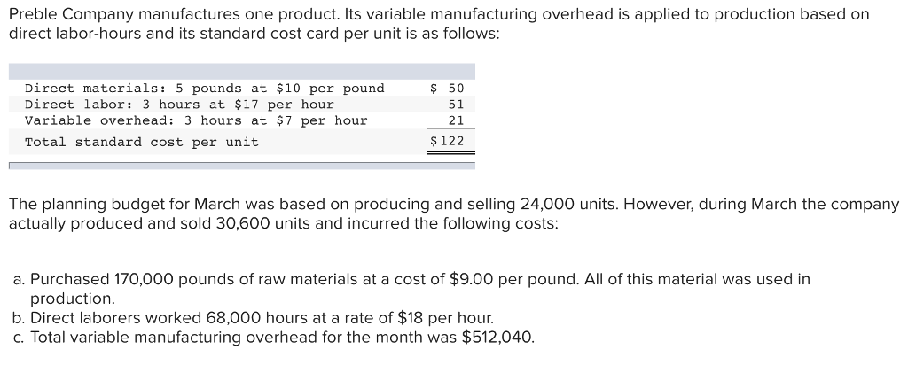 Solved Preble Company manufactures one product. Its variable | Chegg.com