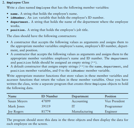 Solved 2. Employee Class Write a class named Employee that | Chegg.com