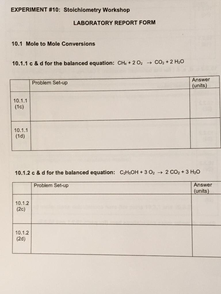 EXPERIMENT #10: Stoichiometry Workshop LABORATORY | Chegg.com