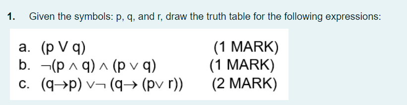 Solved 1. Given the symbols: p, q, and r, draw the truth | Chegg.com
