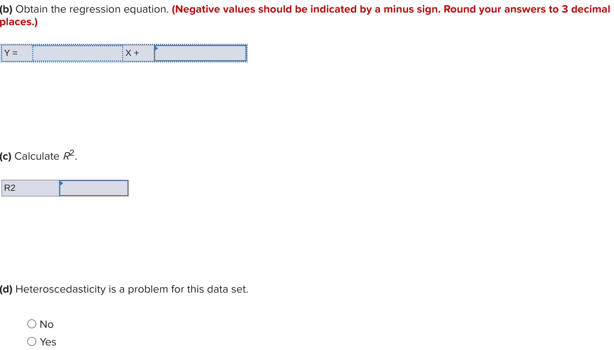 Solved (n=10(b) Obtain the regression equation. (Negative | Chegg.com