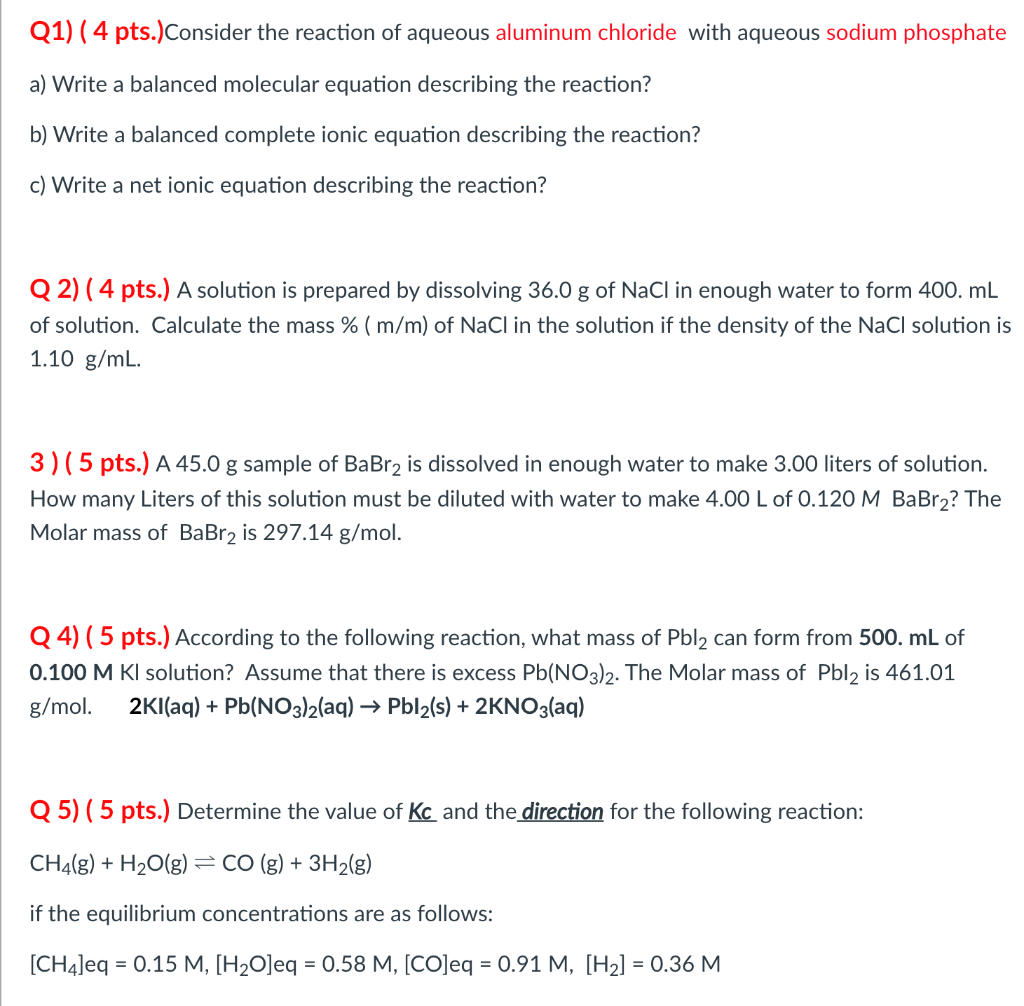 Solved Q1) (4 pts.)Consider the reaction of aqueous aluminum | Chegg.com