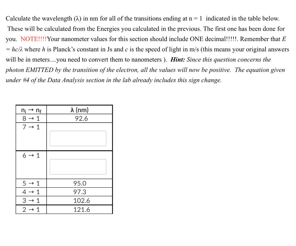 Solved 1. Calculate the change in energy (AE) in J for all | Chegg.com