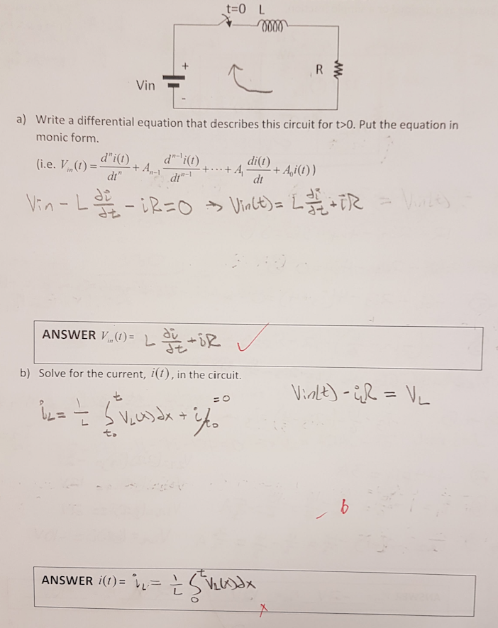 Solved t-0 L Vin a) Write a differential equation that | Chegg.com
