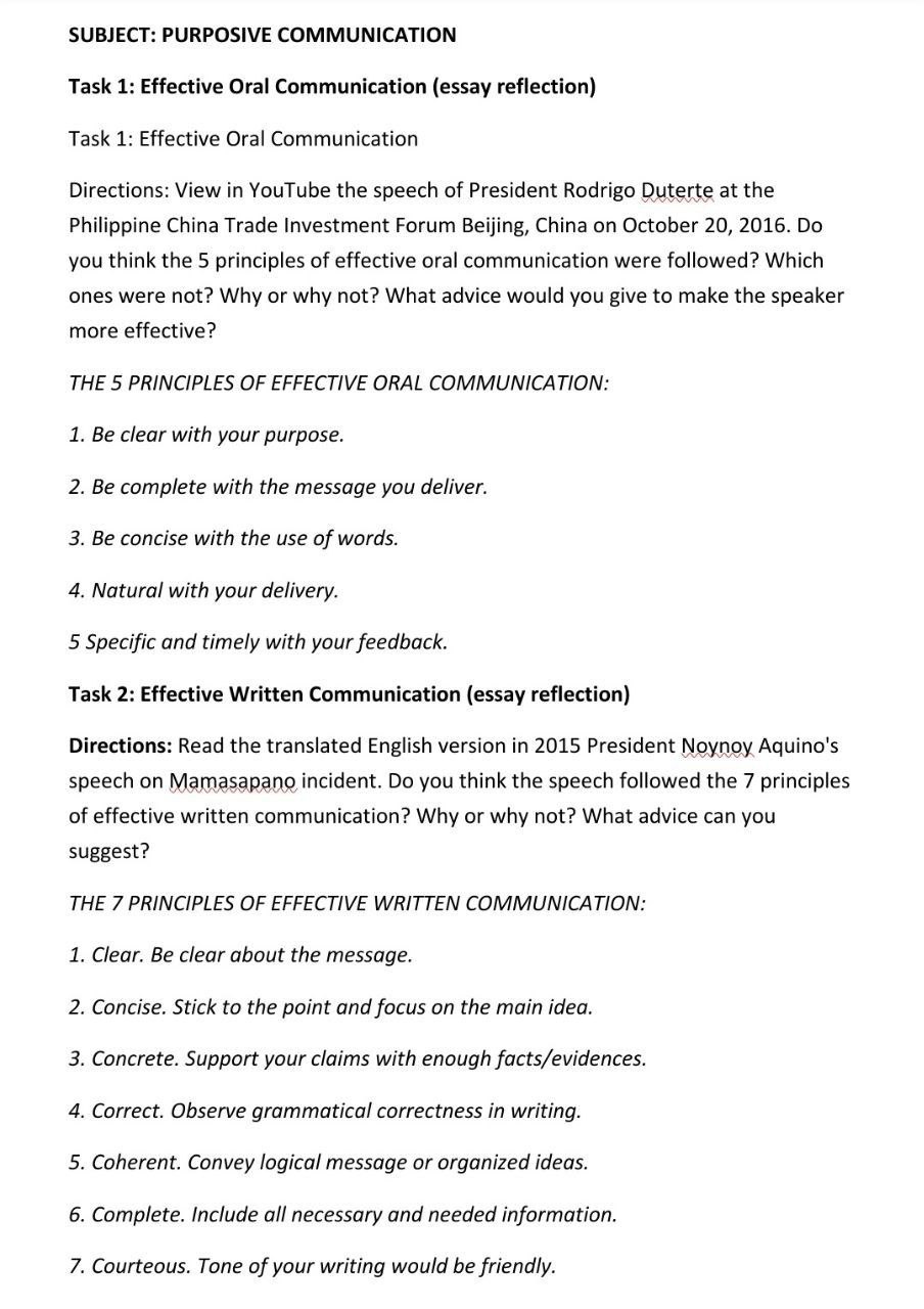 SUBJECT: PURPOSIVE COMMUNICATION Task 1: Effective | Chegg.com