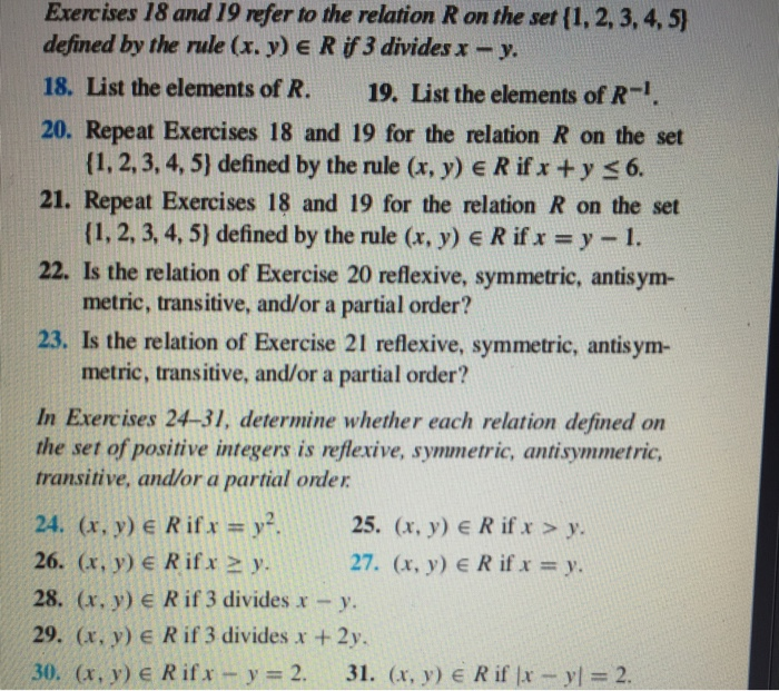 Solved Exercises 18 and 19 refer to the relation R on the | Chegg.com