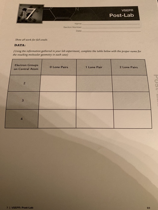 Solved VSEPR Post-Lab Name Section Number Date Show all work | Chegg.com