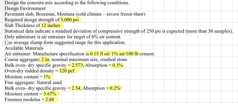 Solved Design the concrete mix according to the following | Chegg.com
