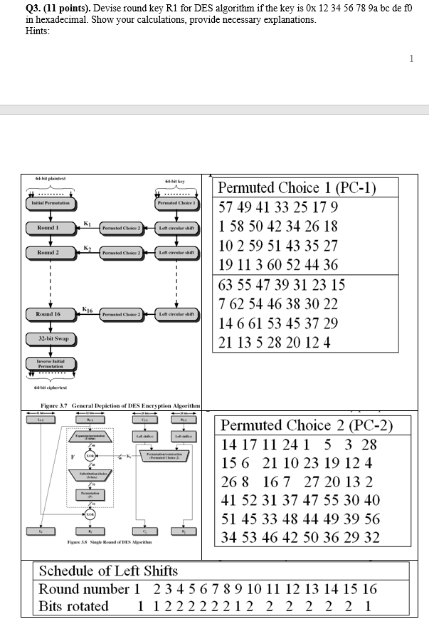 Q3. (11 points). Devise round key R1 for DES | Chegg.com