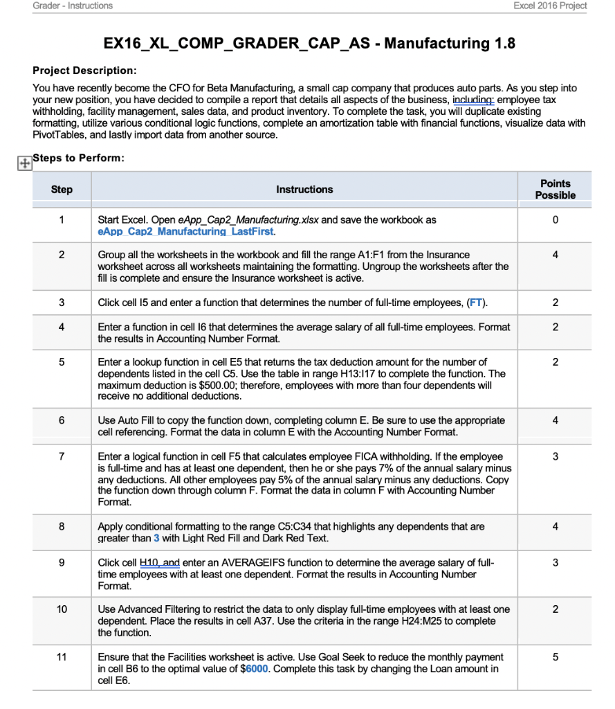 Solved Grader - Instructions Excel 2016 Project | Chegg.com