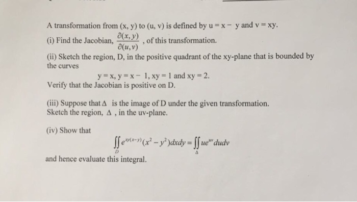 Solved A transformation from (x, y) to (u, v) is defined | Chegg.com