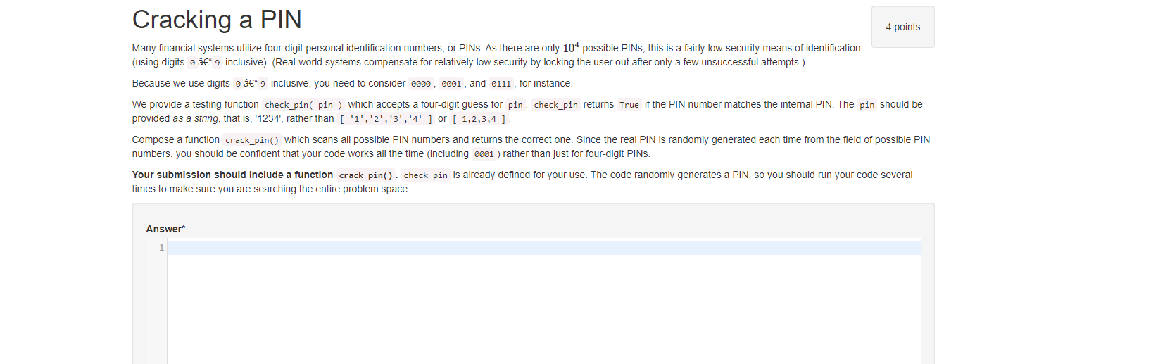 Solved Cracking a PIN 4 points Many financial systems | Chegg.com