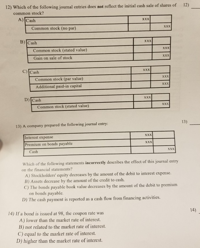 Solved 12) 12) Which of the following journal entries does | Chegg.com