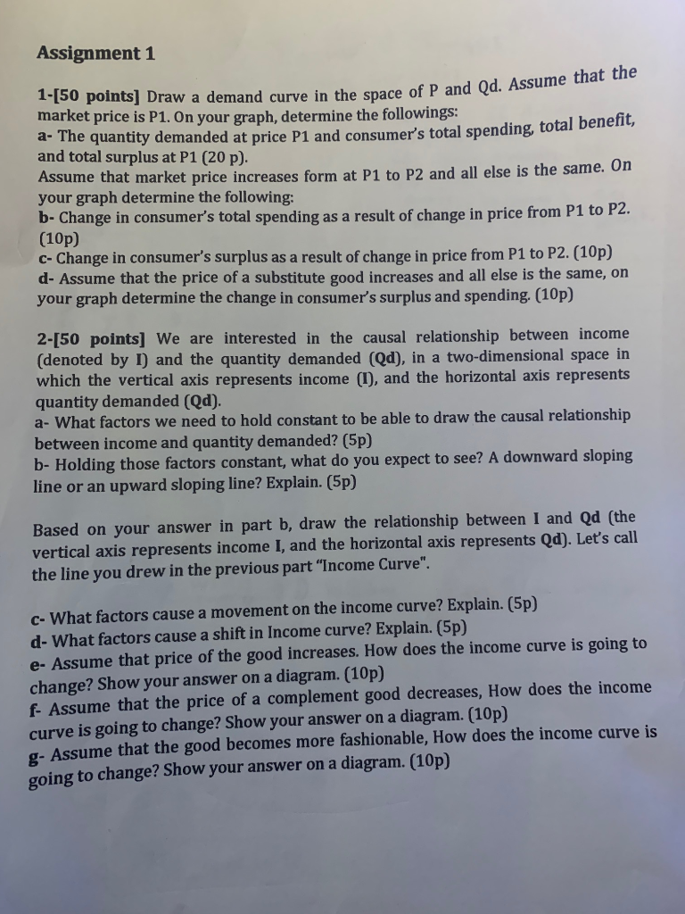 Solved Assignment 1 1-(50 points] Draw a demand curve in the | Chegg.com