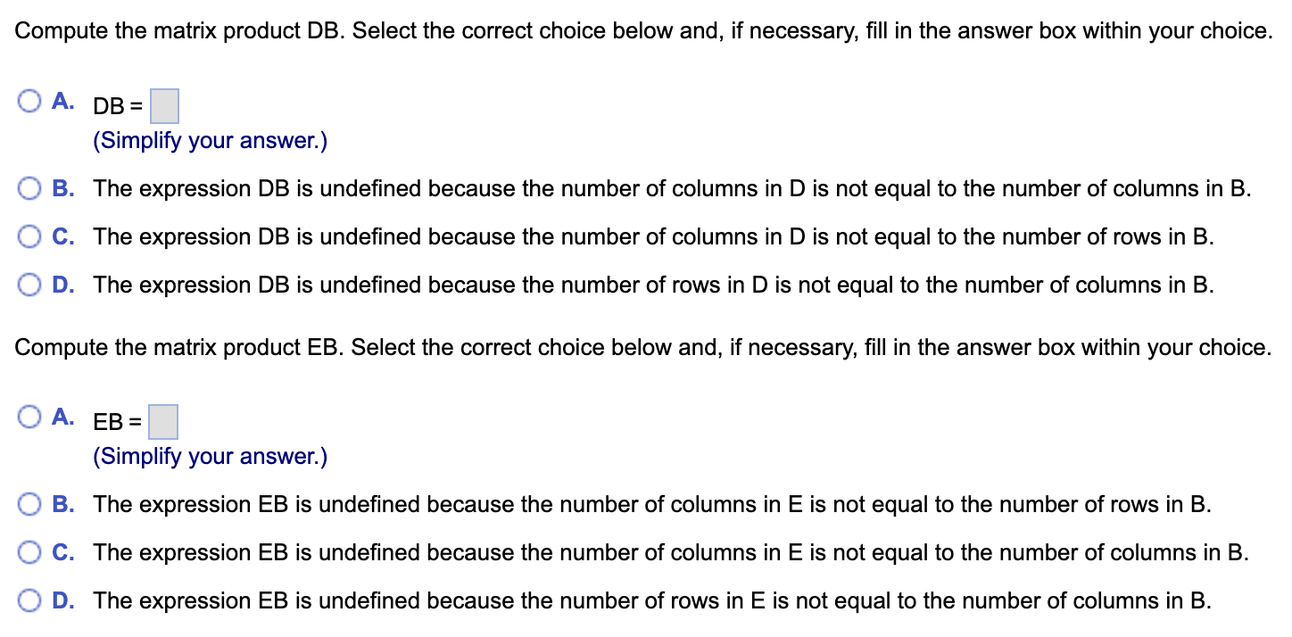 Solved Compute the matrix product DB. Select the correct | Chegg.com