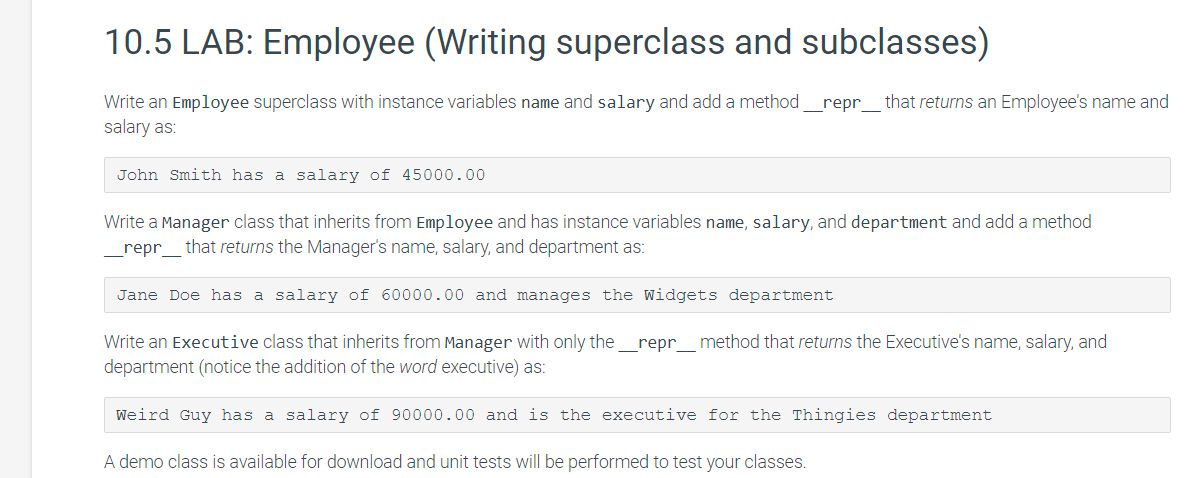 Solved 10.5 LAB: Employee (Writing superclass and | Chegg.com